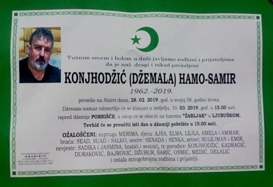 Rahmetli Samir Konjhodžić, osmrtnica – Ljubušaci