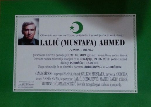 Rahmetli Ahmed Lalić, osmrtnica – Ljubušaci