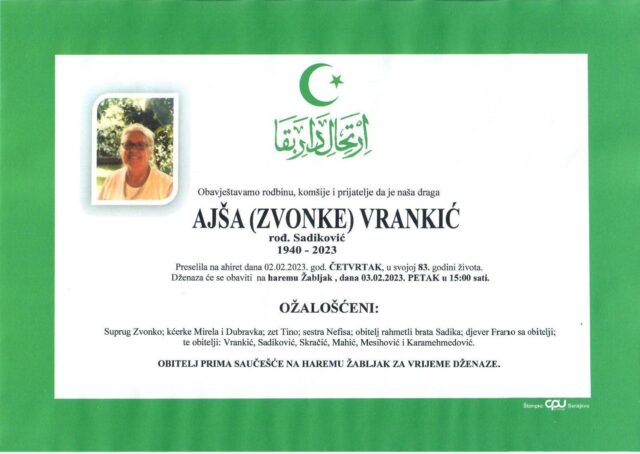 Preselila Ajsa Vrankic rodj.Sadikovic – Ljubušaci