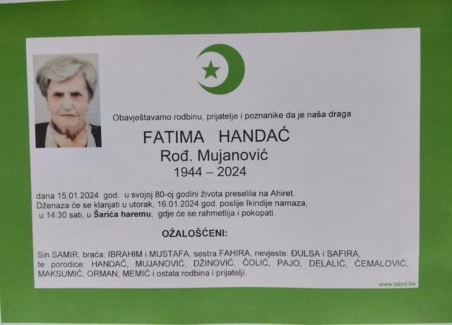 Preselila Fatima Handac rodj.Mujanovic – Ljubušaci